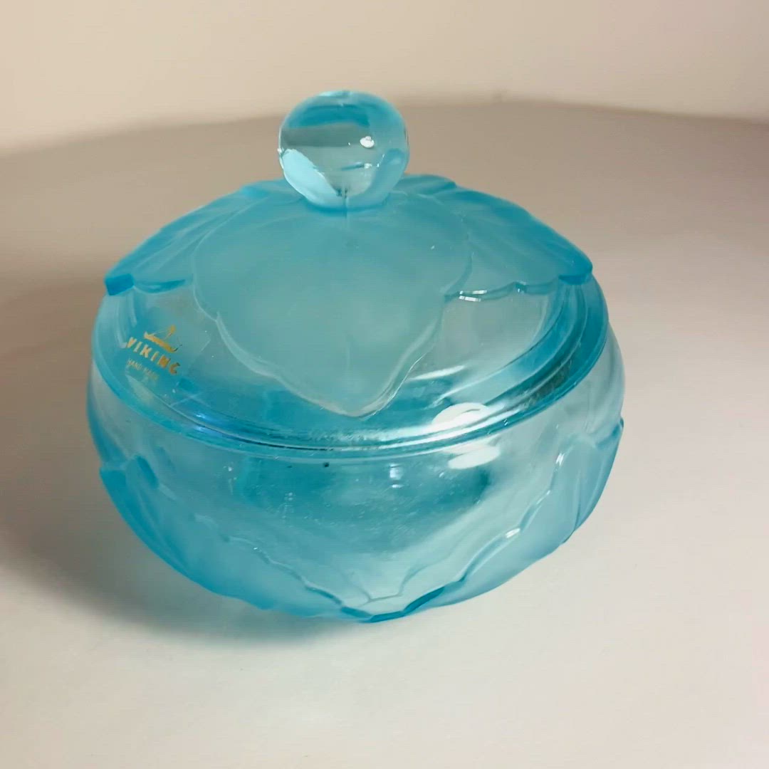 Viking Blue Cabbage Leaf Glass Candy Dish Vintage Mid Century Modern
